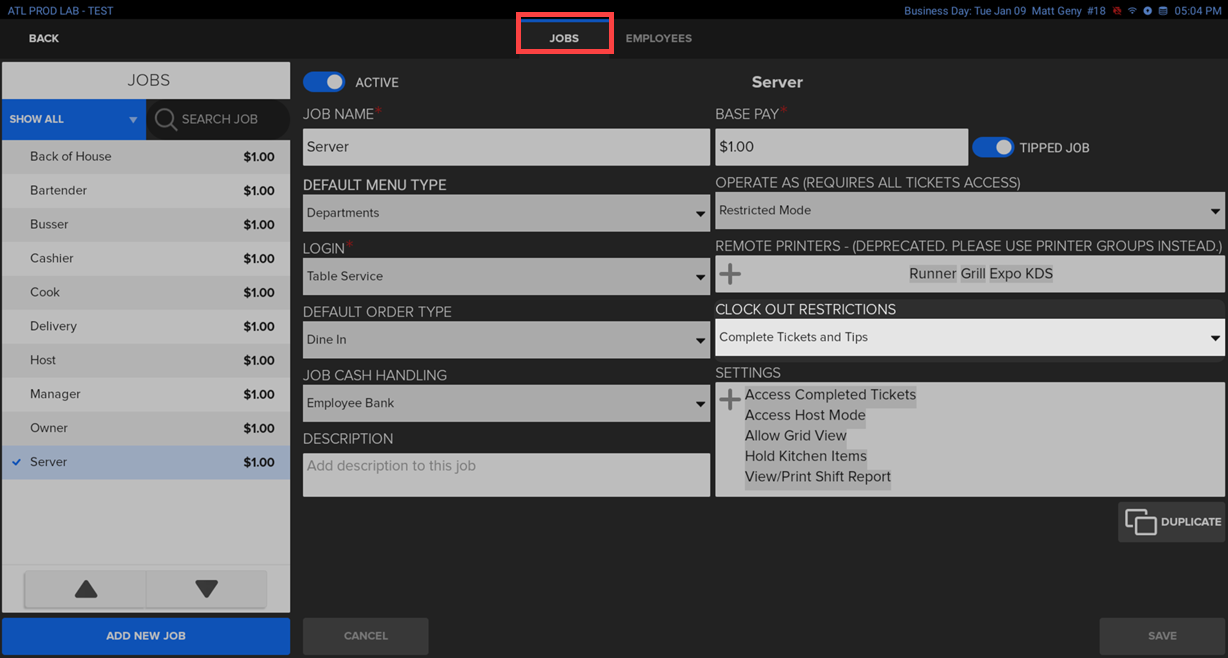 Set up Clock Out Restrictions for a Job on SkyTab POS – Shift4 Knowledge