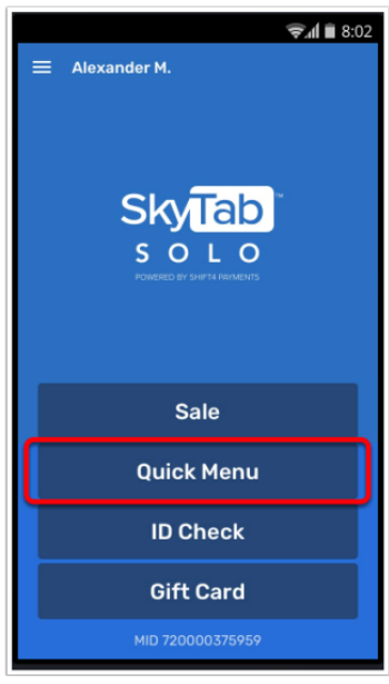 SkyTab SOLO Quick Menu Overview – Shift4 Knowledge